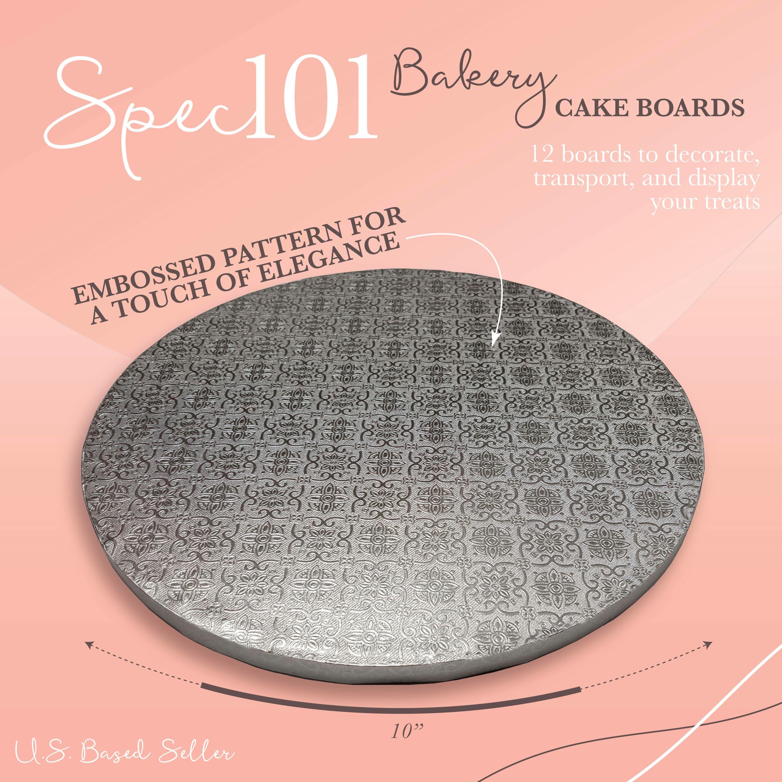 Spec101 Round Cake Boards Bulk 12pk - 10 Inch Cake Drum Round Silver Cardboard Base with 1/2 Inch Thick Smooth Foil Edge