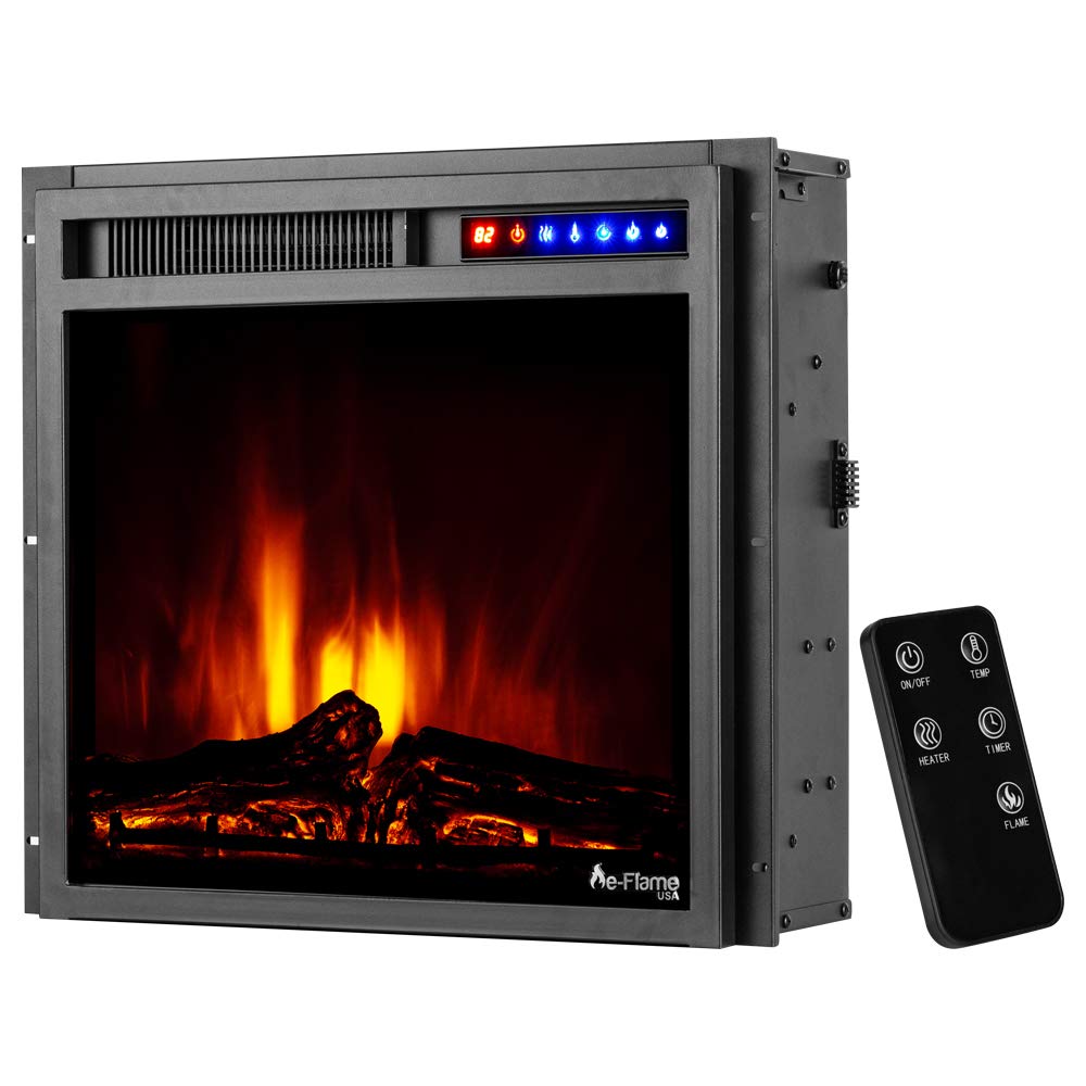 e-Flame USA Montana 19"x18" LED Electric Fireplace Stove Insert with Remote - 3D Logs and Fire (Black)