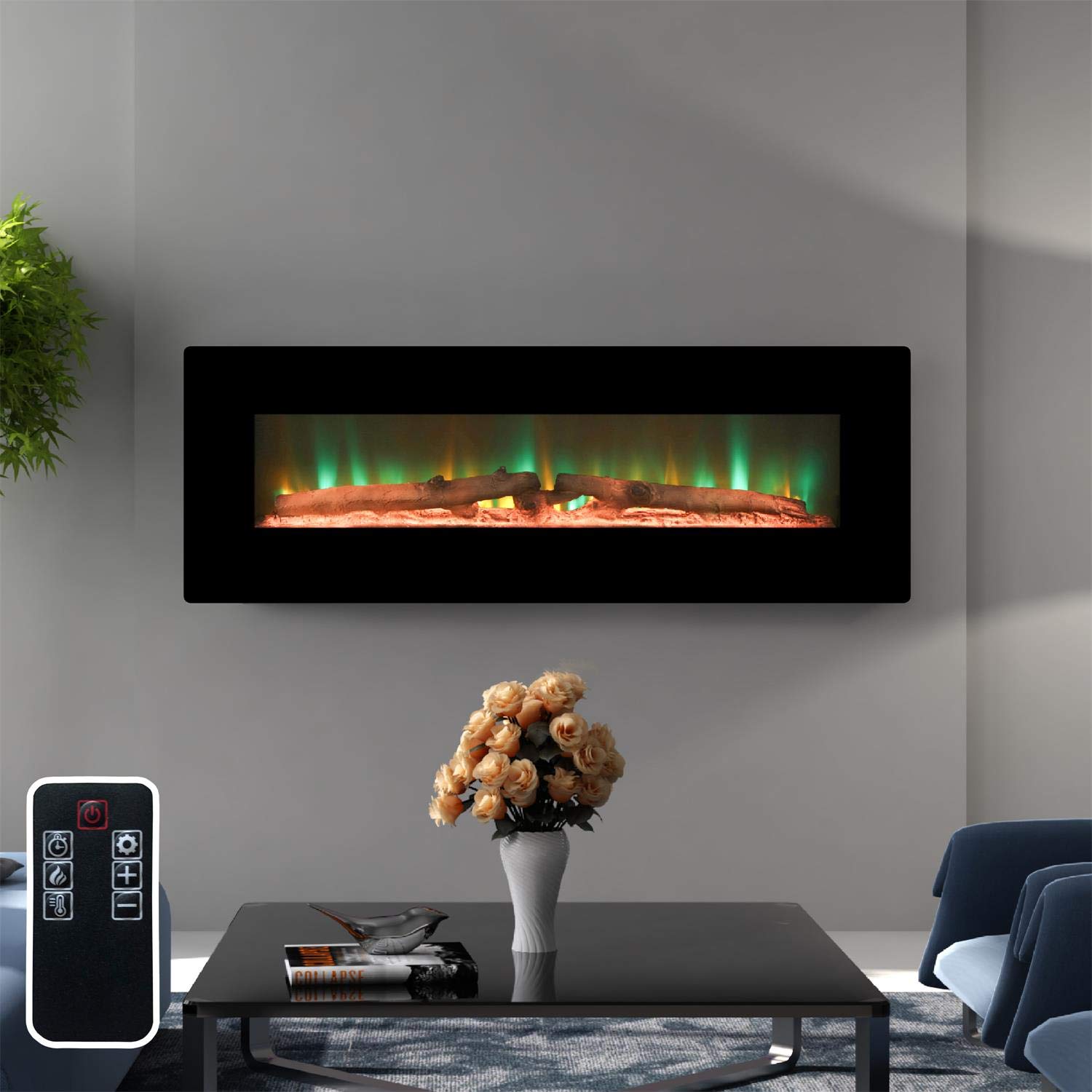 Top Space Wall Mount Fireplace 48 Inch Electric Fireplace with Remote Control Timer, Adjustable Log or Crystal Flame, 1500W, Black