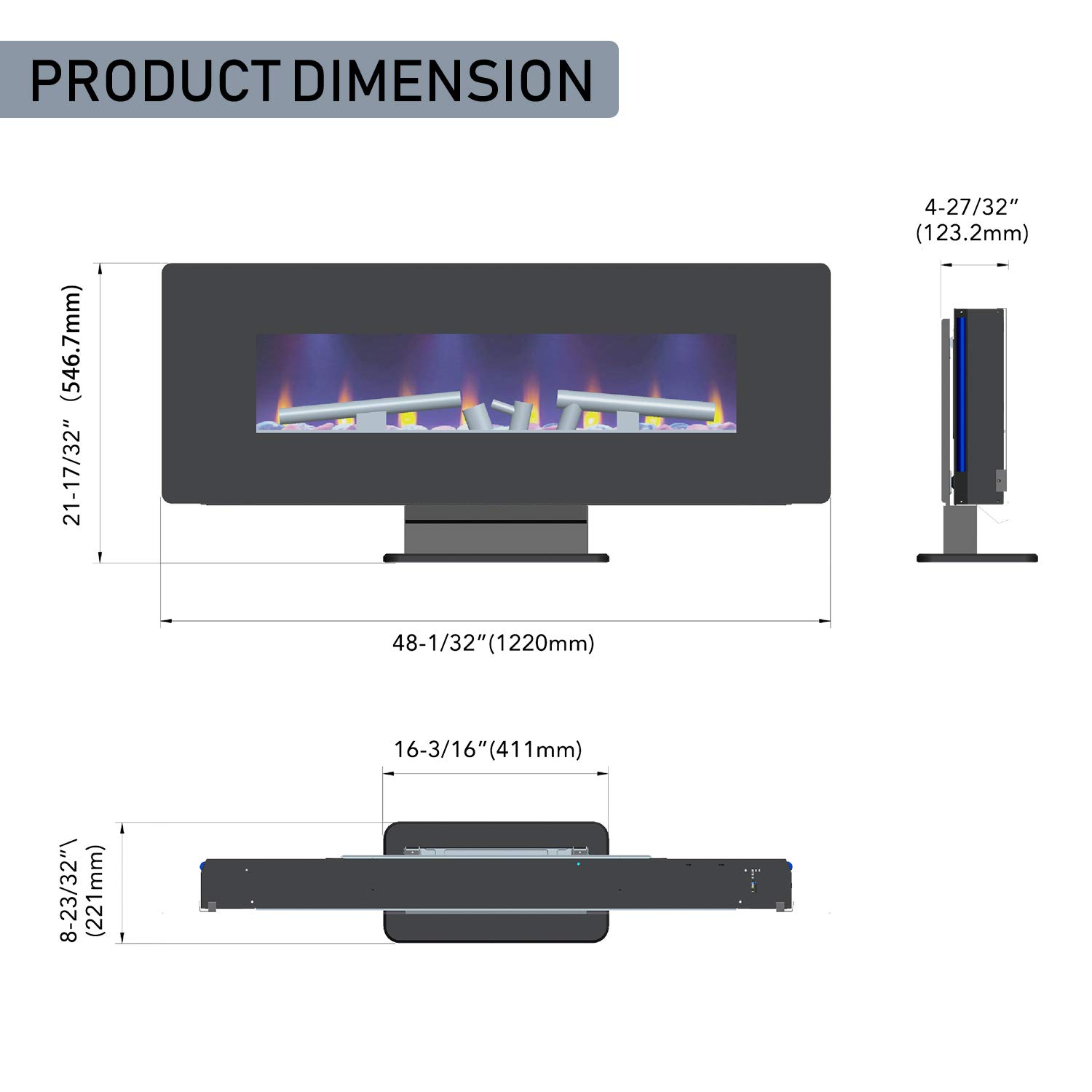 Top Space Wall Mount Fireplace 48 Inch Electric Fireplace with Remote Control Timer, Adjustable Log or Crystal Flame, 1500W, Black