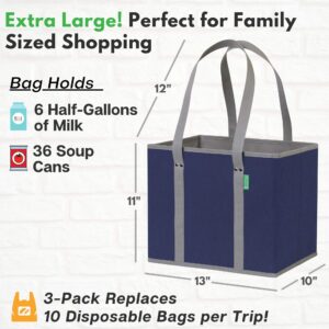 Reusable Grocery Bags (3 Pack) – Heavy Duty Reusable Shopping Bags with Box Shape to Stand Up, Stay Open, Fold Flat – Large Tote Bags are Foldable with Long Handles & Hard Bottom (Navy Blue)