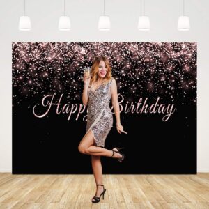 Happy Birthday Backdrop for Adult Party 16th 30th 40th 50th 60th Birthday Background 7x5ft Black and Rose Gold Birthday Backdrops for Photography Teens Girls Cake Table Banner Pink Photo Booth Props