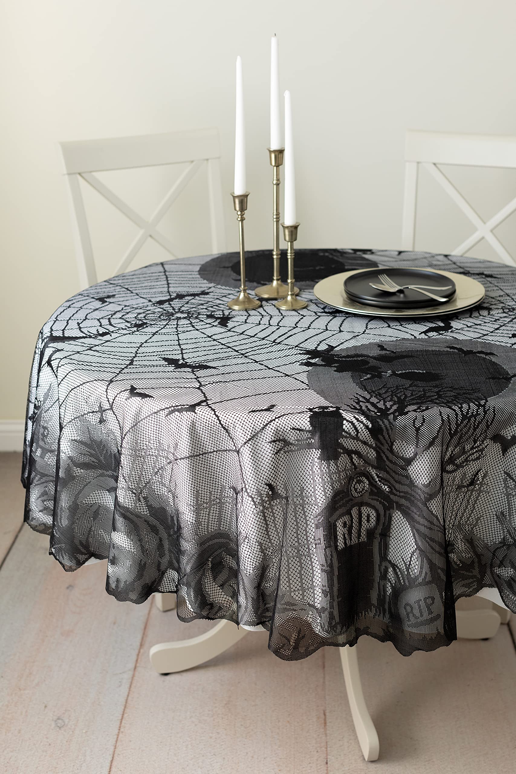 Benson Mills Spooky Spirits Web Lace Fabric Halloween Tablecloth, Halloween Table Cloth (Black, 70" Round)