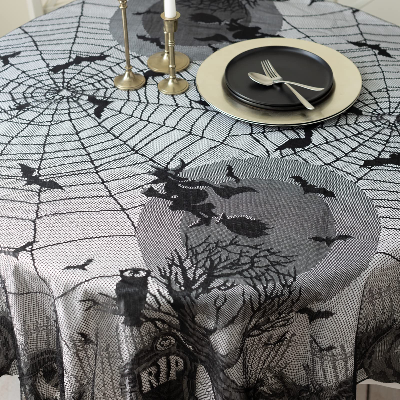 Benson Mills Spooky Spirits Web Lace Fabric Halloween Tablecloth, Halloween Table Cloth (Black, 70" Round)