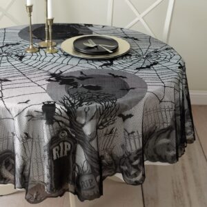 Benson Mills Spooky Spirits Web Lace Fabric Halloween Tablecloth, Halloween Table Cloth (Black, 70" Round)