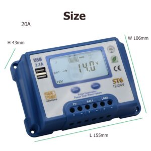 20A Solar Charge Controller 12V/24V Automatic Voltage Recognition Solar Panel Charging Discharge Regulator with Dual 5V USB Output Backlight LCD Display