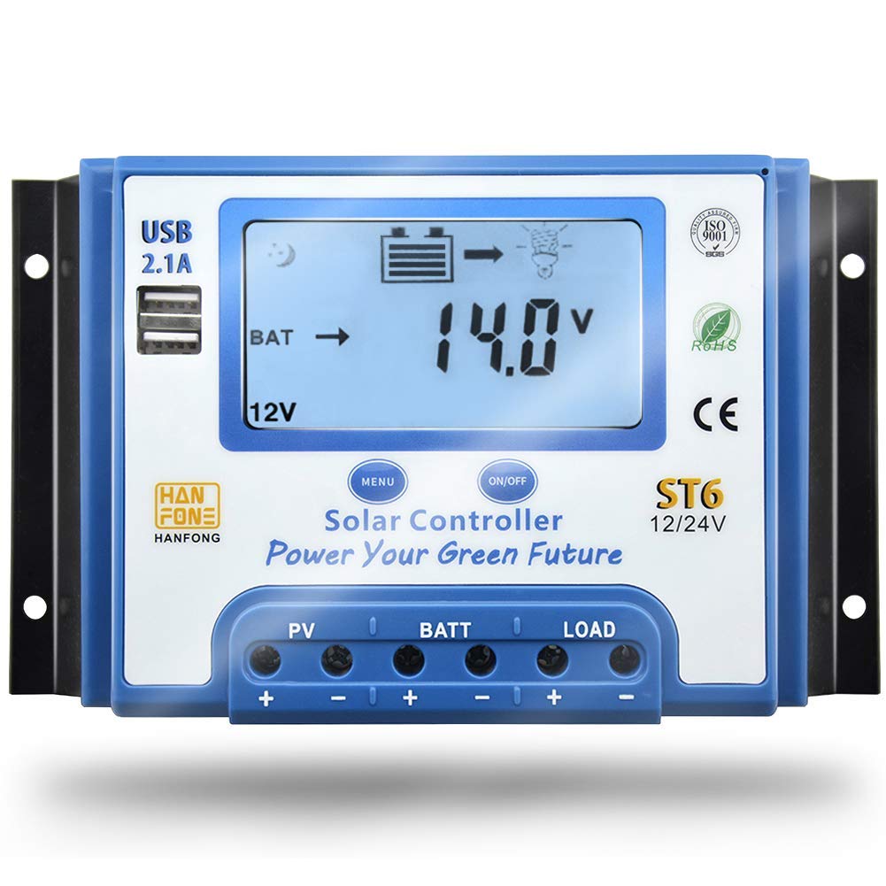 20A Solar Charge Controller 12V/24V Automatic Voltage Recognition Solar Panel Charging Discharge Regulator with Dual 5V USB Output Backlight LCD Display