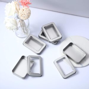 Metal Tin Box Metal Tins With Lids Clear Top Tins Box Empty Storage Tins Case Rectangle Containers Can with Large Clear Window for Candles, Candies, Gifts, Balms and Treasures, Silver(24 Pieces)