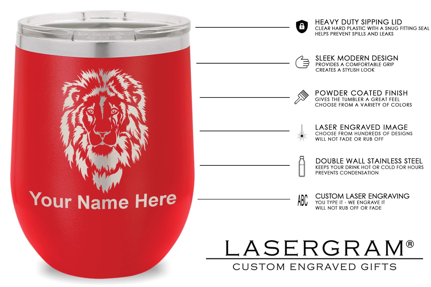 LaserGram Double Wall Stainless Steel Wine Glass Tumbler, Deer, Personalized Engraving Included (Red)