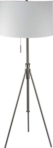 SH Lighting 58"-72" Adjustable Floor Lamp - Tripod Base, Drum KD Shade and Pull Chain Switch - Great for Bedroom, Living Room, Office (Brushed Steel, White)