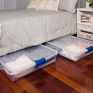 HOMZ Large 56 Quart Full/Queen Stackable Underbed Clear Plastic Ergonomic Latching Storage Container with Rolling Wheels, 2 Pack