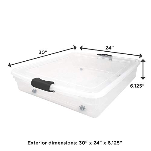 HOMZ Large 56 Quart Full/Queen Stackable Underbed Clear Plastic Ergonomic Latching Storage Container with Rolling Wheels, 2 Pack