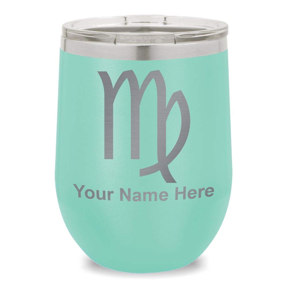 LaserGram Double Wall Stainless Steel Wine Glass Tumbler, Zodiac Sign Virgo, Personalized Engraving Included (Teal)