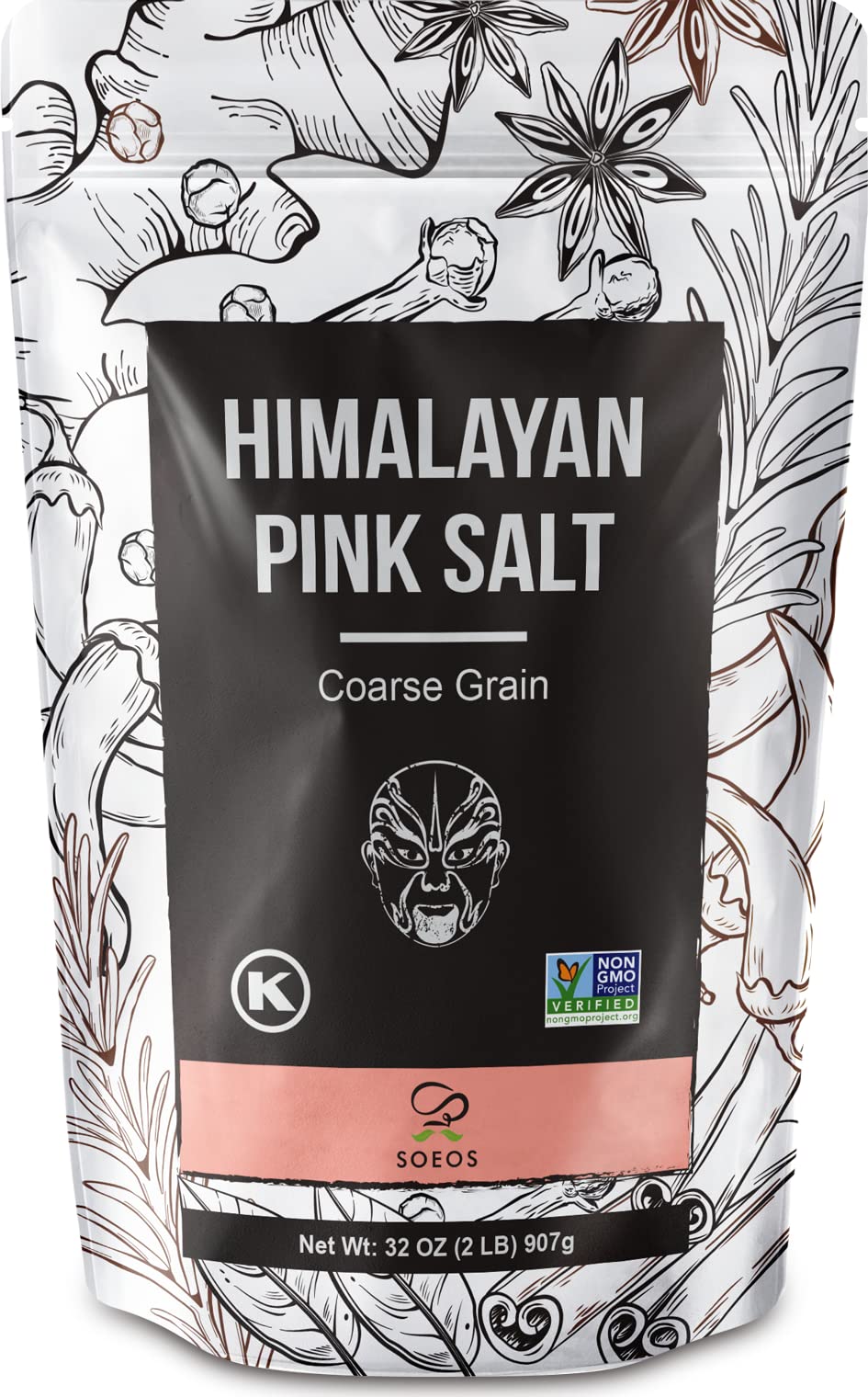 Soeos Himalayan Sea Salt, Coarse Grain, 32oz (2 Pound), Non-GMO Himalayan Pink Salt, Kosher Salt, Sea Salt for Grinder Refill