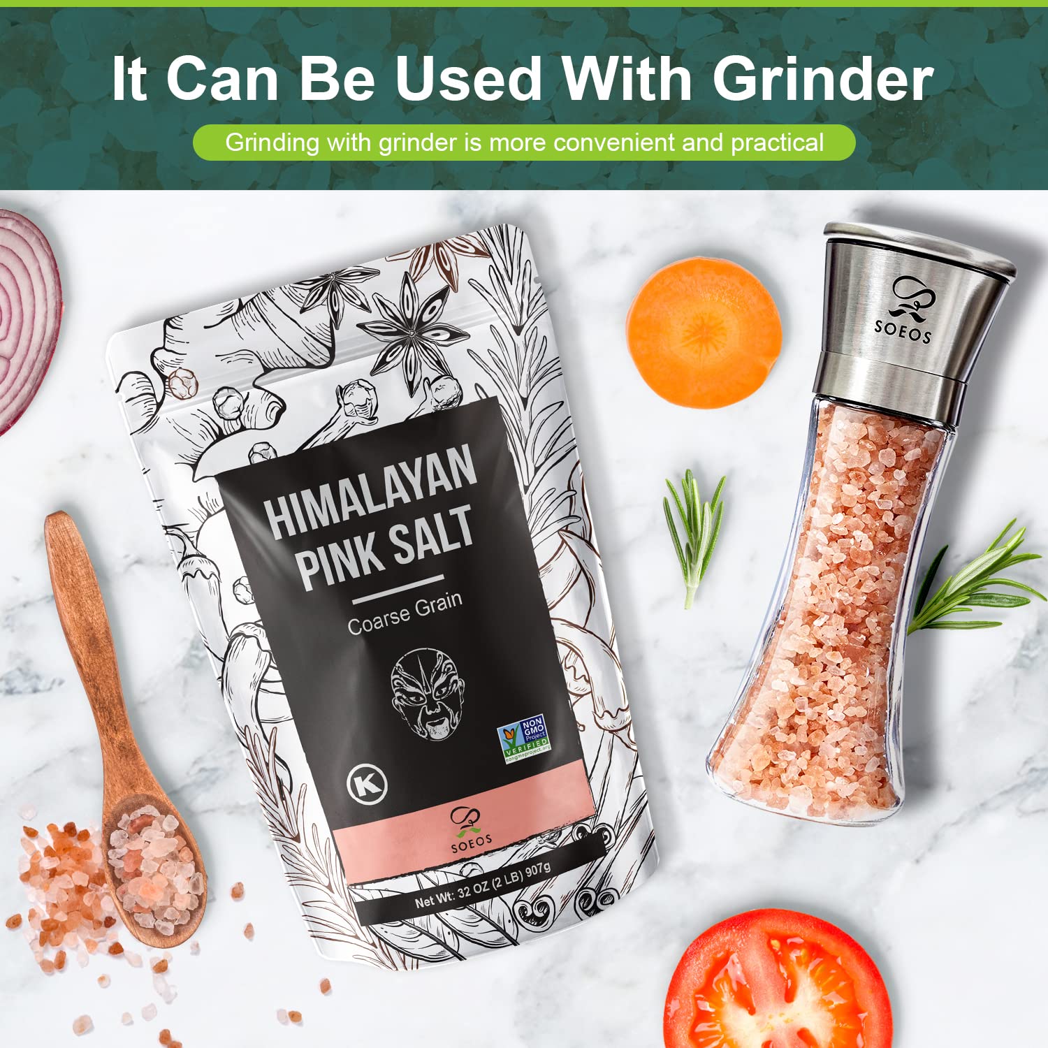 Soeos Himalayan Sea Salt, Coarse Grain, 32oz (2 Pound), Non-GMO Himalayan Pink Salt, Kosher Salt, Sea Salt for Grinder Refill