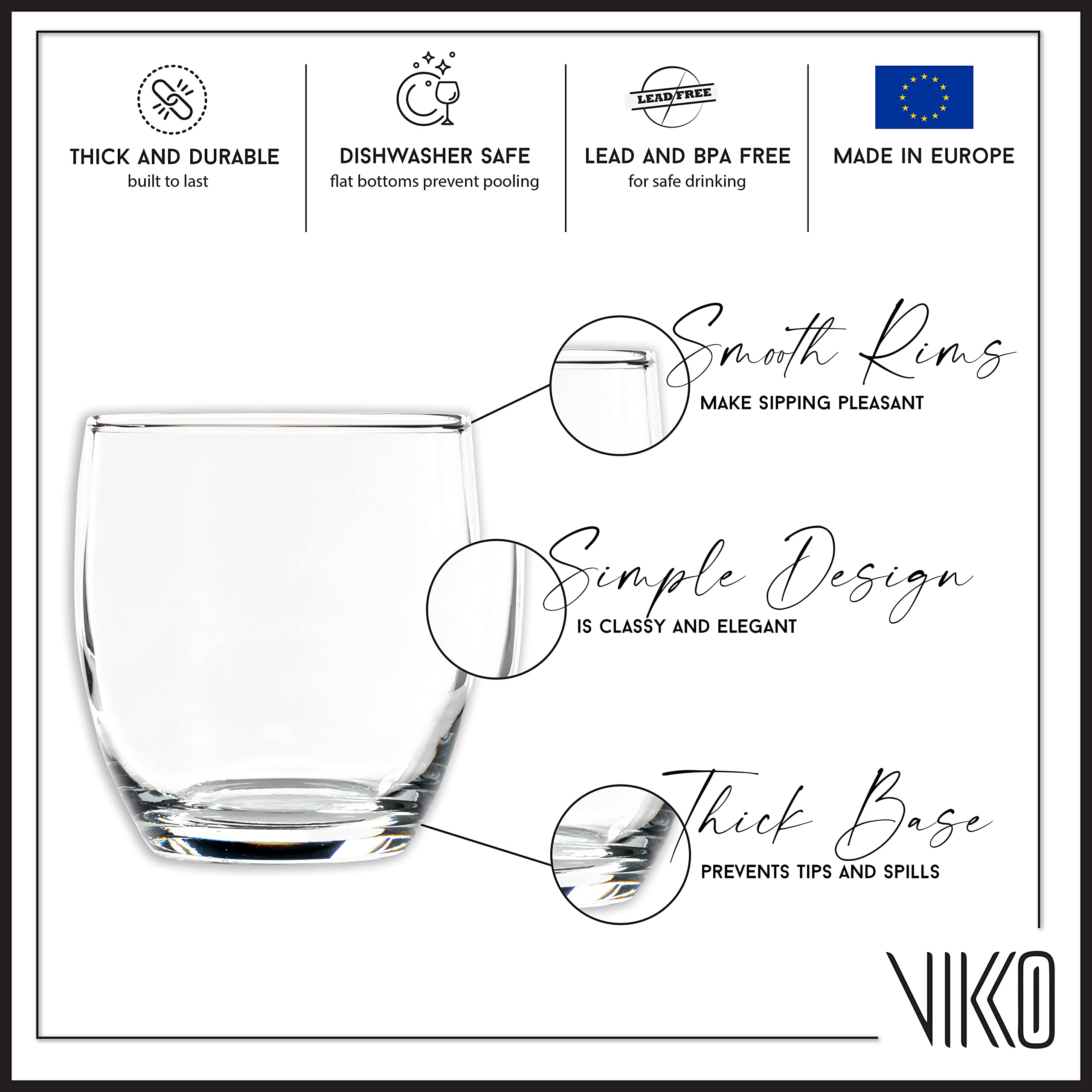 Vikko 8.3 Ounce Drinking Glasses | Thick and Durable Glass – For Water, Juice, Soda, or Wine – Dishwasher Safe – Set of Six Small Clear Glass Tumblers – 2.9” Diameter x 3.2” Tall