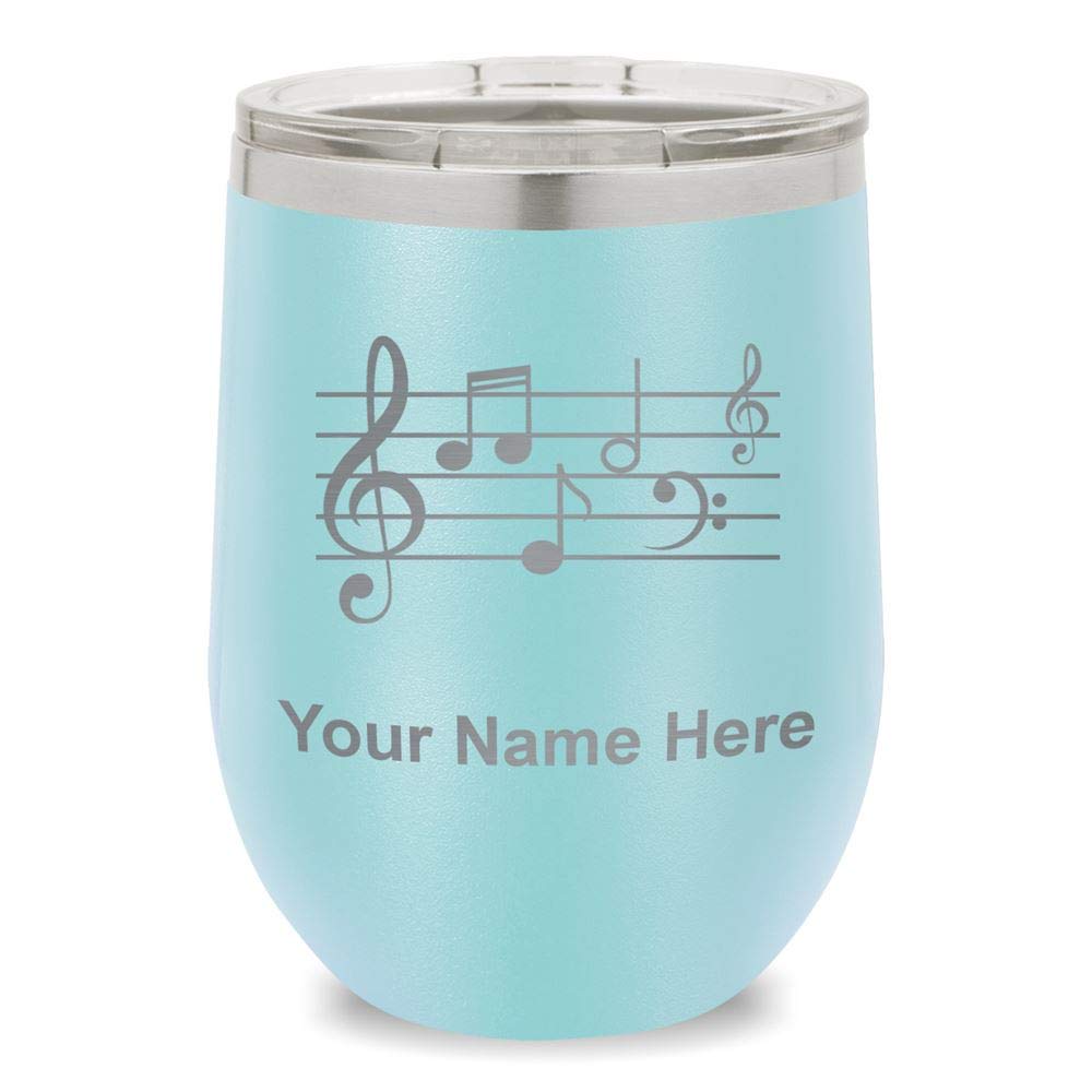 LaserGram Double Wall Stainless Steel Wine Glass Tumbler, Music Staff, Personalized Engraving Included (Light Blue)