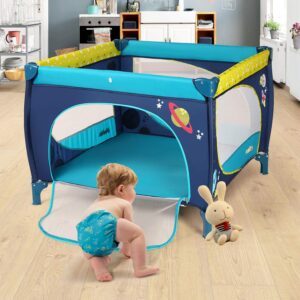 Baby Play Portable Playard Play Pen with Mattress Safety Baby Playard with Door Activity Center for Toddler Boys Girls Fun Time Indoor and Outdoor 39inch x 39inch（Blue）