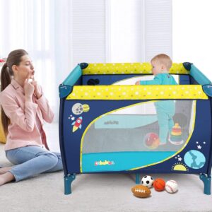 Baby Play Portable Playard Play Pen with Mattress Safety Baby Playard with Door Activity Center for Toddler Boys Girls Fun Time Indoor and Outdoor 39inch x 39inch（Blue）