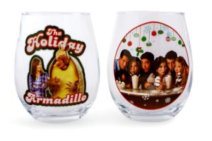 friends holiday stemless wine glass collectible 2-pack | each holds 20 ounces