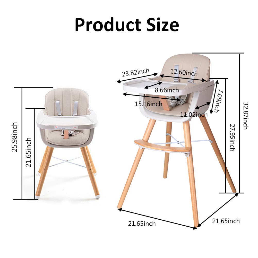 Foho Baby High Chair, Perfect 3 in 1 Convertible Wooden High Chair with Cushion, Removable Tray, and Adjustable Legs for Baby & Toddler (Beige)