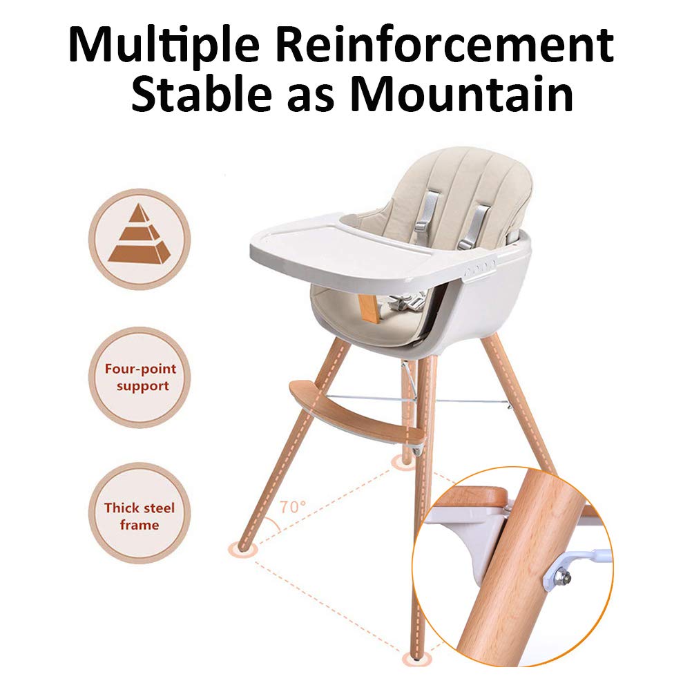 Foho Baby High Chair, Perfect 3 in 1 Convertible Wooden High Chair with Cushion, Removable Tray, and Adjustable Legs for Baby & Toddler (Beige)