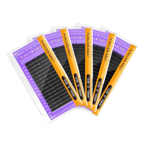 NAGARAKU 5 Trays Eyelash Extensions Individual Lashes 0.05mm D curl 11/12/13/14/15mm in 1 pack Classic Soft Natural Professional Faux Mink 16 rows