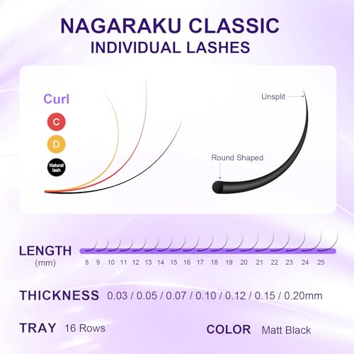 NAGARAKU 5 Trays Eyelash Extensions Individual Lashes 0.05mm D curl 11/12/13/14/15mm in 1 pack Classic Soft Natural Professional Faux Mink 16 rows