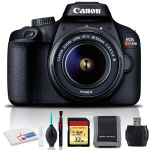 canon eos rebel t100 dslr camera with 18-55mm lens, cleaning kit, 32gb memory, and more