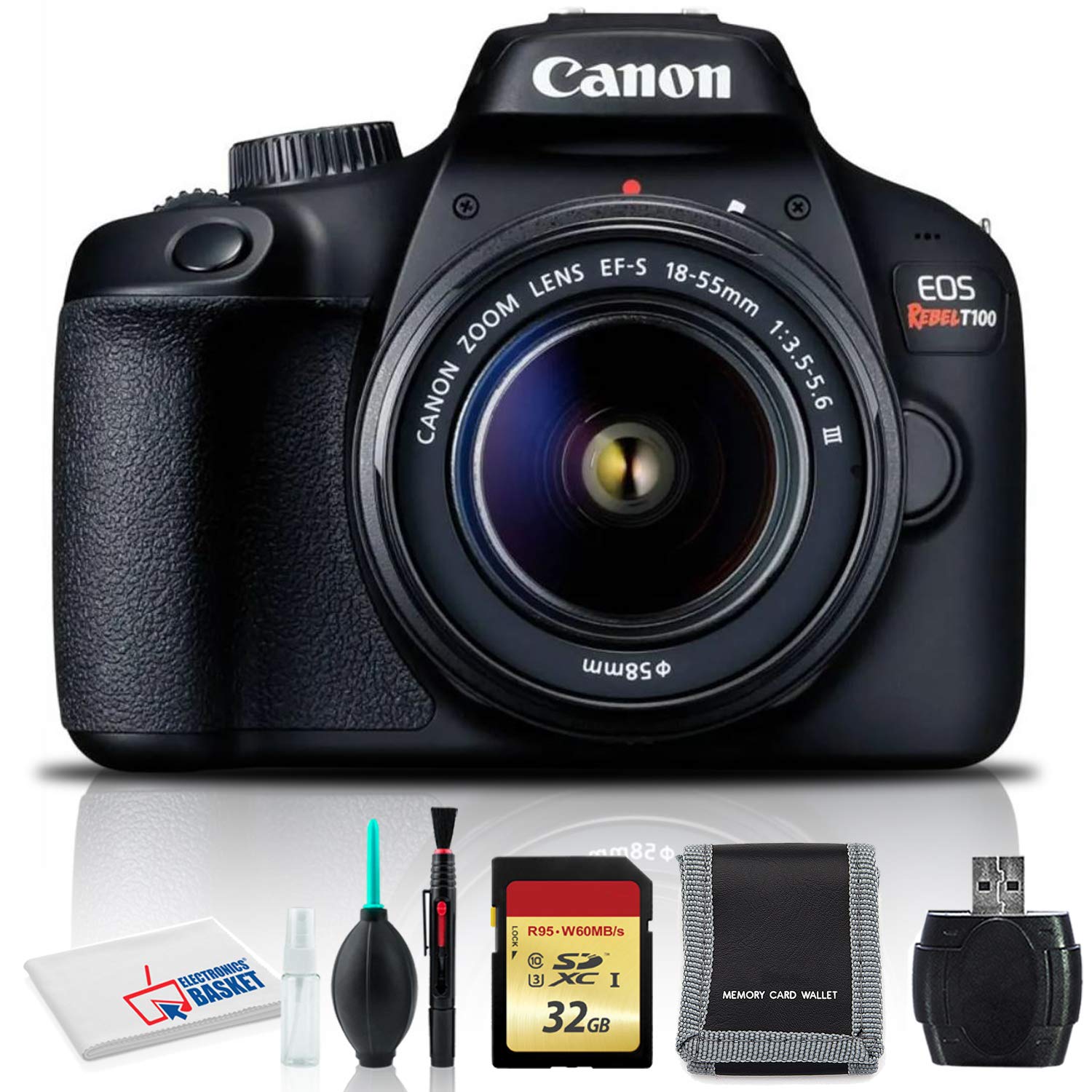 Canon EOS Rebel T100 DSLR Camera with 18-55mm Lens, Cleaning Kit, 32GB Memory, and More