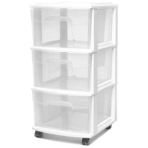 homz clear plastic 3 drawer medium home organization storage container tower with 3 large drawers and removeable caster wheels, white frame