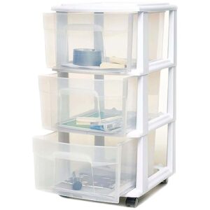 Homz Clear Plastic 3 Drawer Medium Home Organization Storage Container Tower with 3 Large Drawers and Removeable Caster Wheels, White Frame