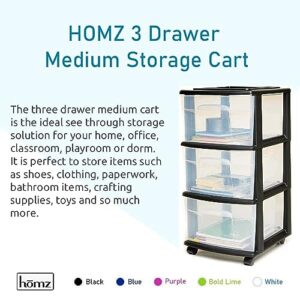 Homz Clear Plastic 3 Drawer Medium Home Organization Storage Container Tower with 3 Large Drawers and Removeable Caster Wheels, White Frame