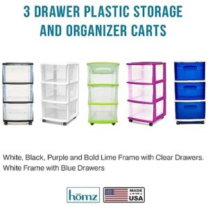 Homz Clear Plastic 3 Drawer Medium Home Organization Storage Container Tower with 3 Large Drawers and Removeable Caster Wheels, White Frame