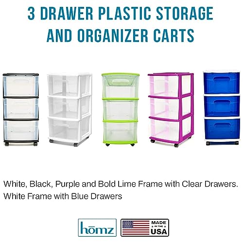 Homz Clear Plastic 3 Drawer Medium Home Organization Storage Container Tower with 3 Large Drawers and Removeable Caster Wheels, White Frame