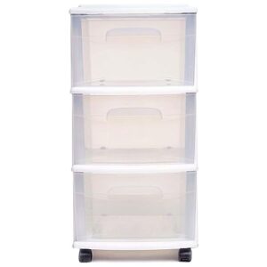 Homz Clear Plastic 3 Drawer Medium Home Organization Storage Container Tower with 3 Large Drawers and Removeable Caster Wheels, White Frame