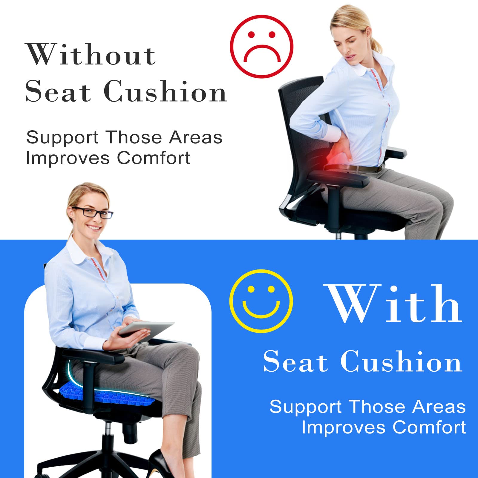 Gel Seat Cushion, Cooling seat Cushion Thick Big Breathable Honeycomb Design Absorbs Pressure Points Seat Cushion with Non-Slip Cover Gel Cushion for Office Chair Home Car seat Cushion for Wheelchair