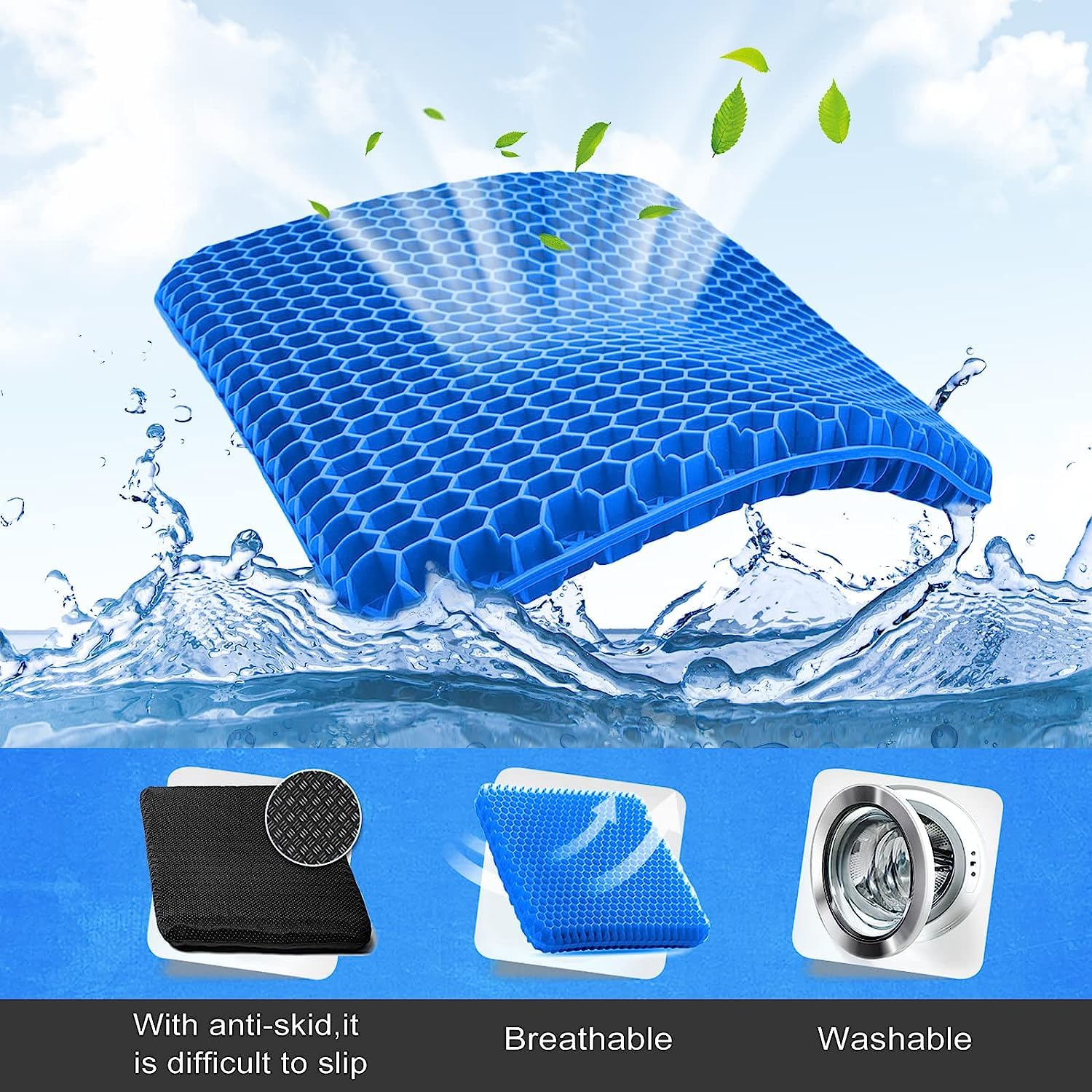 Gel Seat Cushion, Cooling seat Cushion Thick Big Breathable Honeycomb Design Absorbs Pressure Points Seat Cushion with Non-Slip Cover Gel Cushion for Office Chair Home Car seat Cushion for Wheelchair