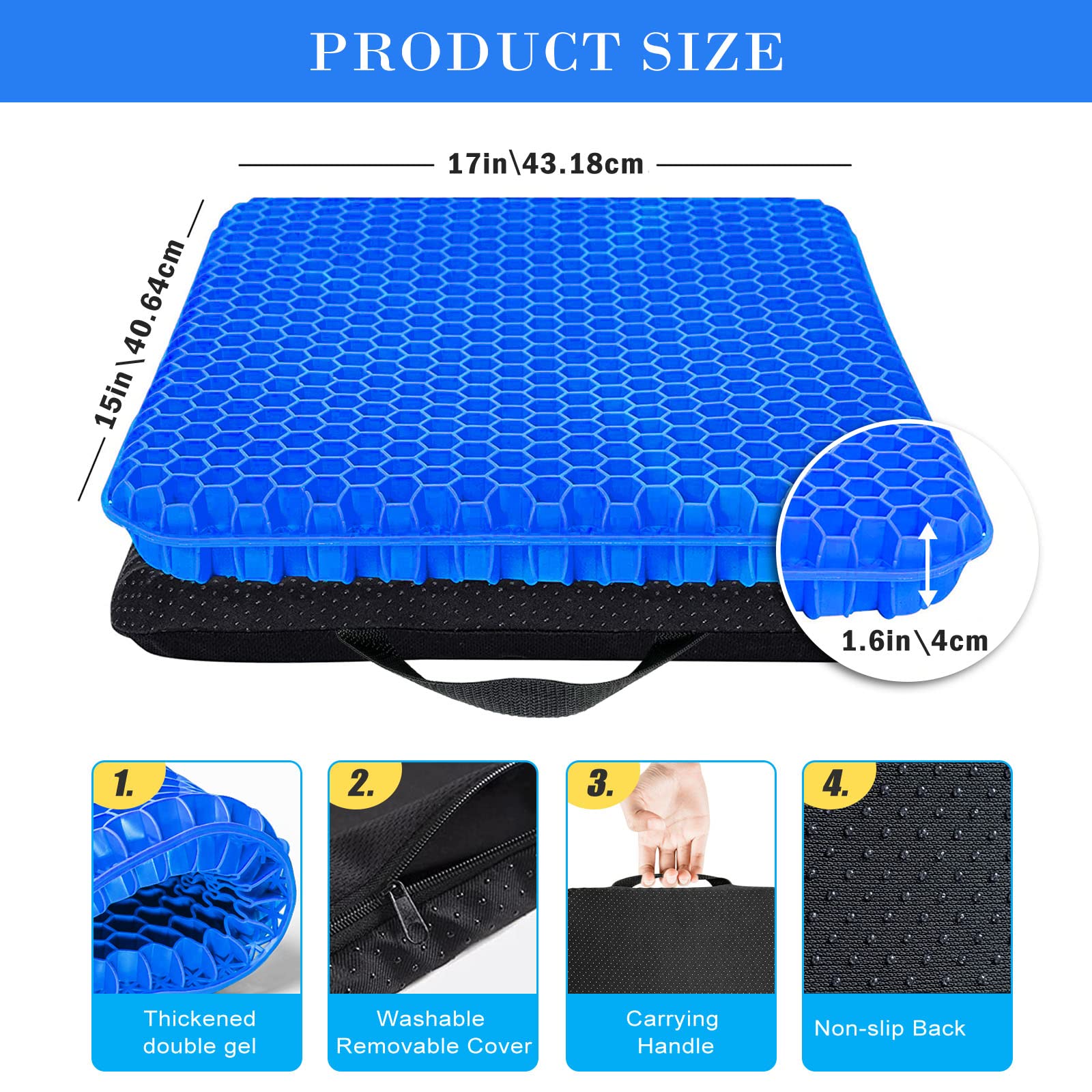 Gel Seat Cushion, Cooling seat Cushion Thick Big Breathable Honeycomb Design Absorbs Pressure Points Seat Cushion with Non-Slip Cover Gel Cushion for Office Chair Home Car seat Cushion for Wheelchair