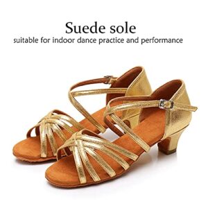 DKZSYIM Girls&Women's Satin Latin Dance Shoes Professional Ballroom Salsa Practice Performance Dancing Shoes, WH-BDJ-Gold,13.5 M Little Kid