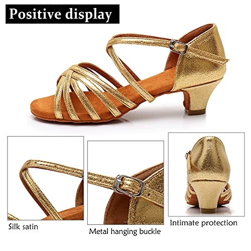 DKZSYIM Girls&Women's Satin Latin Dance Shoes Professional Ballroom Salsa Practice Performance Dancing Shoes, WH-BDJ-Gold,13.5 M Little Kid