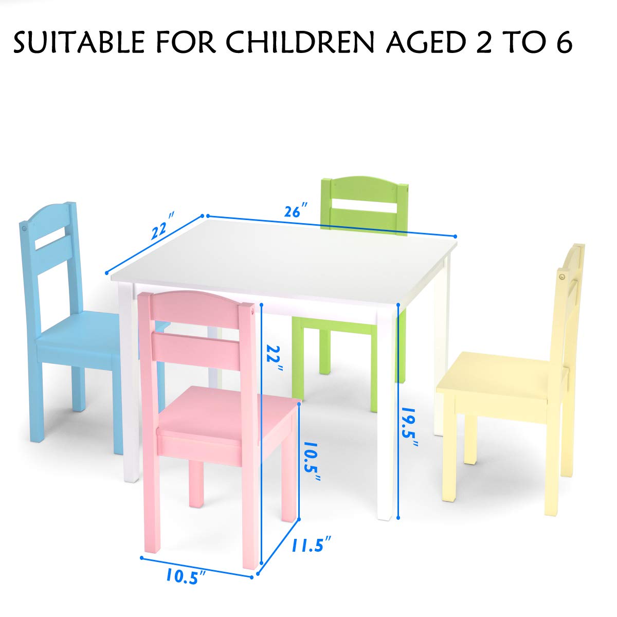 Nightcore Kids Wooden 4, Activity 2 to 6 Years, Toddler Game, Playroom Furniture, Picnic w/Chairs, Solid Wood 5 Piece Dining Table Set, White & Pastel