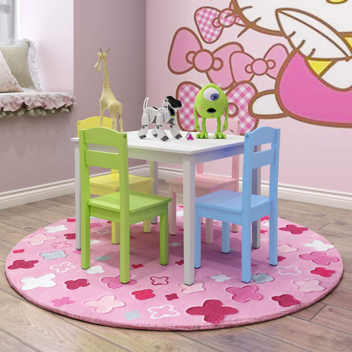 Nightcore Kids Wooden 4, Activity 2 to 6 Years, Toddler Game, Playroom Furniture, Picnic w/Chairs, Solid Wood 5 Piece Dining Table Set, White & Pastel