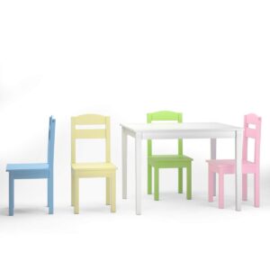 Nightcore Kids Wooden 4, Activity 2 to 6 Years, Toddler Game, Playroom Furniture, Picnic w/Chairs, Solid Wood 5 Piece Dining Table Set, White & Pastel