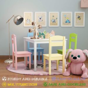 Nightcore Kids Wooden 4, Activity 2 to 6 Years, Toddler Game, Playroom Furniture, Picnic w/Chairs, Solid Wood 5 Piece Dining Table Set, White & Pastel