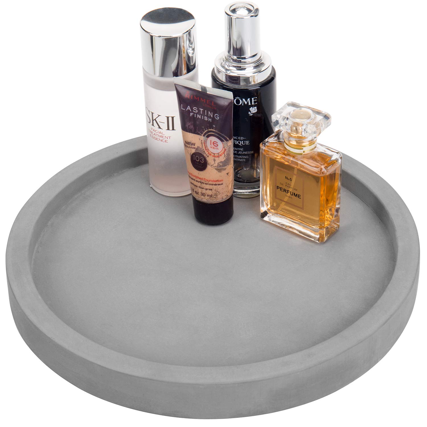 MyGift 11-inch Modern Gray Concrete Round Bathroom Vanity Tray, Cologne and Perfume Tray for Dresser Top