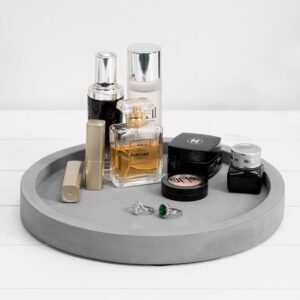 MyGift 11-inch Modern Gray Concrete Round Bathroom Vanity Tray, Cologne and Perfume Tray for Dresser Top