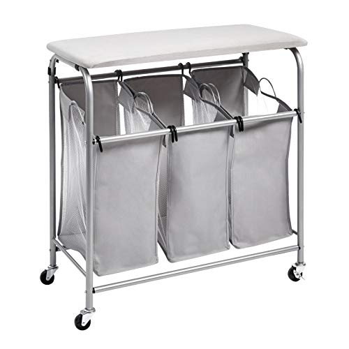 Amazon Basics 3-Bag Rectangular Laundry Sorter with Ironing Board Top, 31.5"L x 16.14"W x 33.07"H, Grey