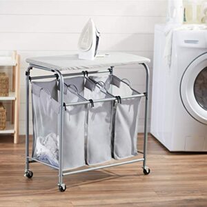 Amazon Basics 3-Bag Rectangular Laundry Sorter with Ironing Board Top, 31.5"L x 16.14"W x 33.07"H, Grey