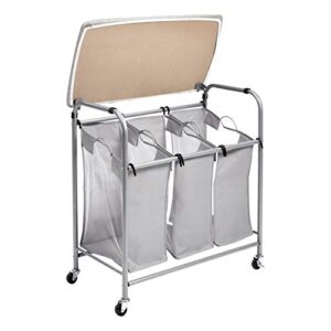 Amazon Basics 3-Bag Rectangular Laundry Sorter with Ironing Board Top, 31.5"L x 16.14"W x 33.07"H, Grey